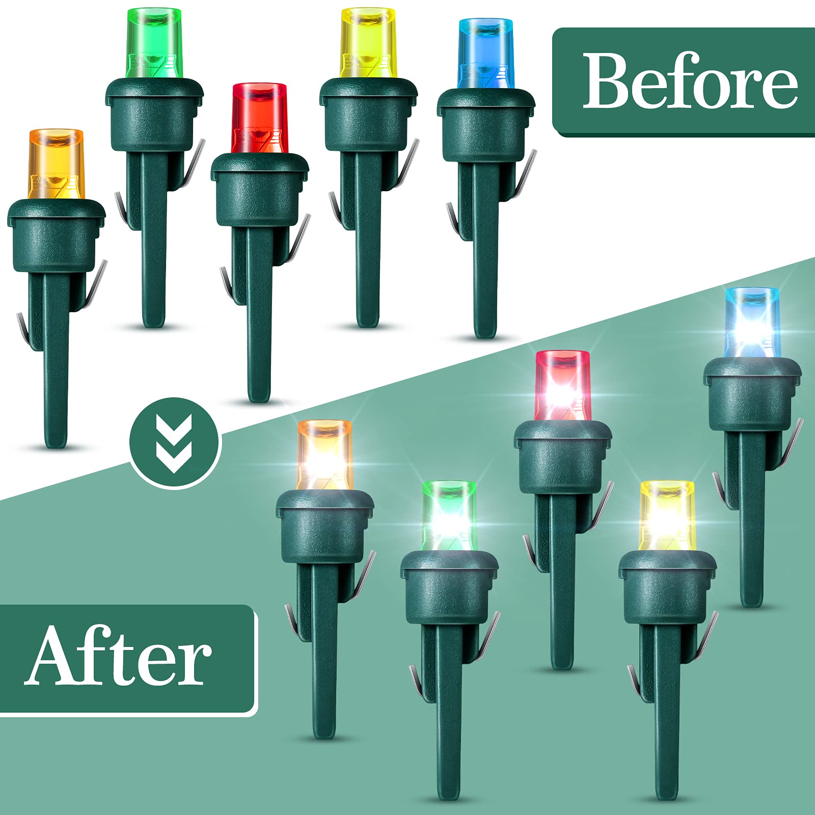 Honoson 48 Count 5 mm LED Christmas Replacement Bulbs Bulk Wide Angle Christmas Light Bulb Xmas Tree String Light Replacement Bulb Festival Light Decoration (Green Base with Multicolor Bulb)