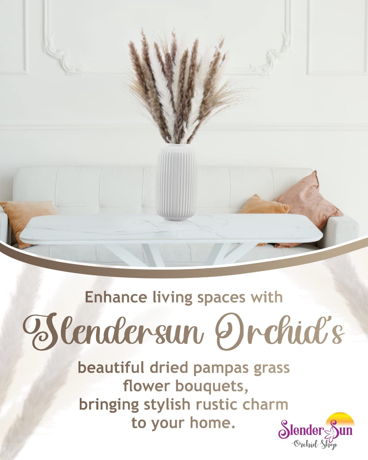 Spear SLENDERSUN Orchid Bouquet Dried Pampas Grass – Pack of 60 Pcs Tall Stems (17,7”) Soft & Fluffy Floral Bouquets Minimalist, Rustic, Luxury Home Garden Décor, White, Brown, Reed