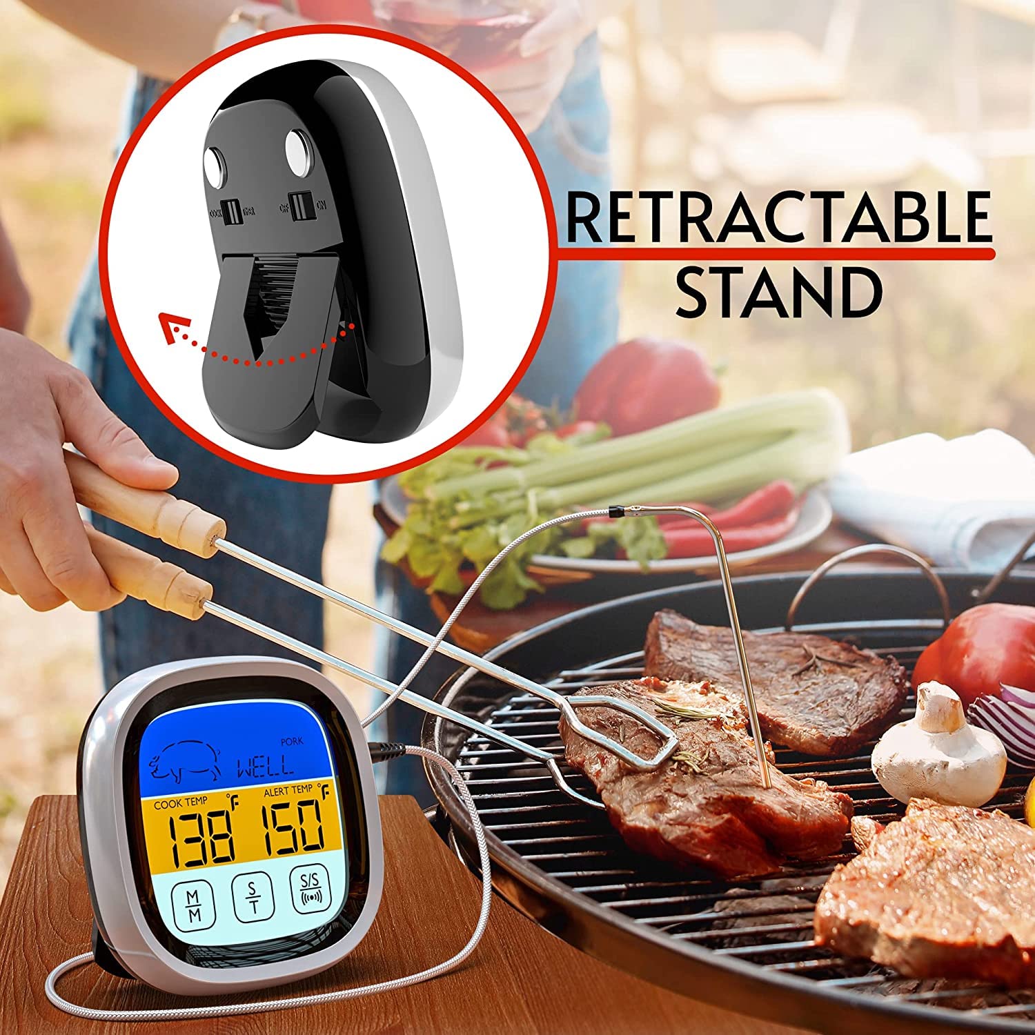 Digital Meat Thermometer for Cooking β Precise Meat Thermometer with Probe & Timer Alarm β Instant Meat Thermometer with 6 Cooking Pre-Set Settings & Auto Shutoff for Grilling Baking & Barbecues