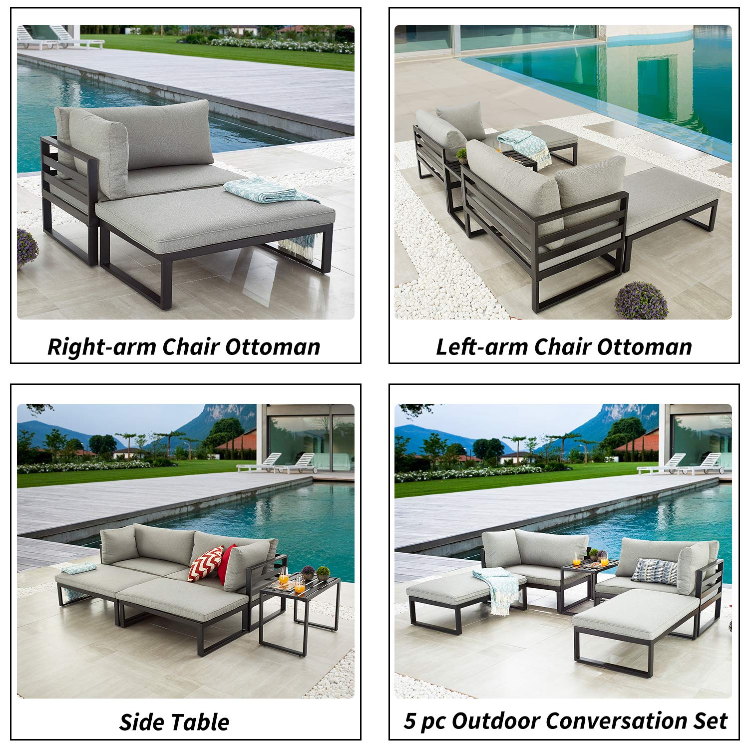 Festival Depot 5 Pieces Patio Furniture Outdoor Conversation Set Metal Corner Sectional Sofa Couch Patio Armrest Chair Cushioned Lounger Dining Coffee Side Table with Ottomans