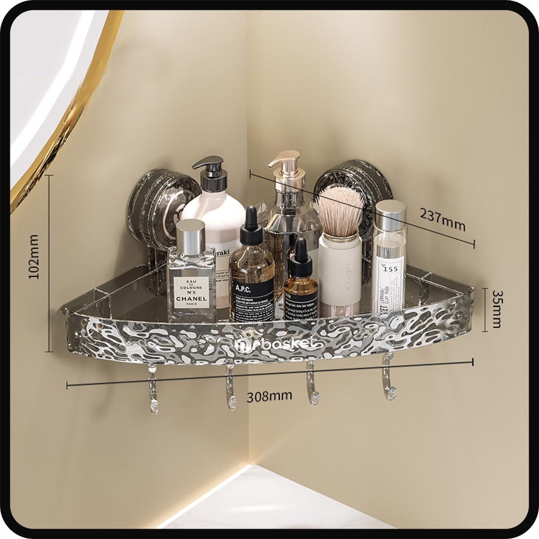 Generic Androf Acrylic Transparent Shower Storage,Raidley Easymount Bathroom Storage Shelf - No Drilling Required,Suction Cup Wall Mounted Style Glacier Pattern Suction Cup Shelf (Transparent,Small)