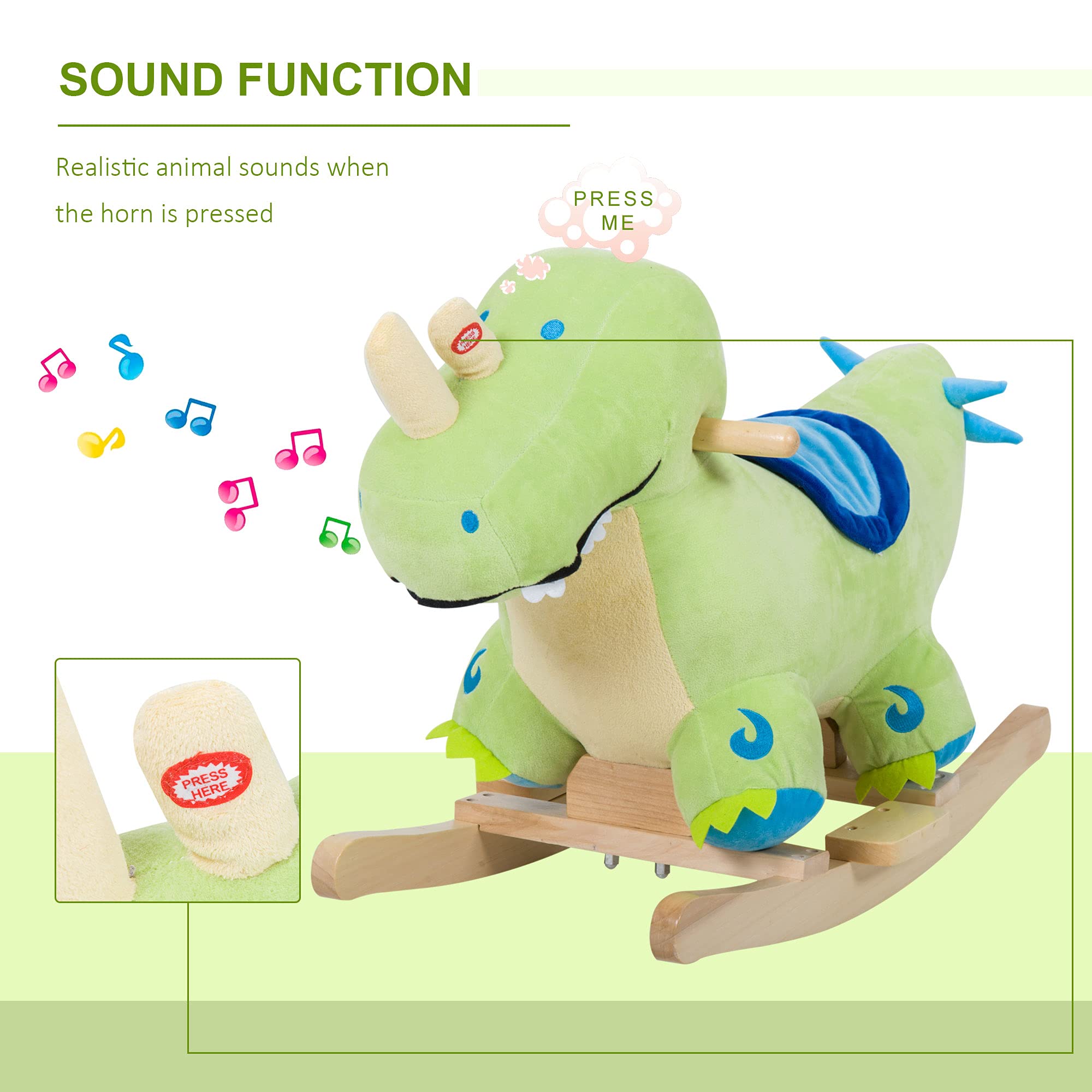 Qaba Kids Plush Ride-On Rocking Horse Toy Dinosaur Ride on Rocker Green with Realistic Sounds