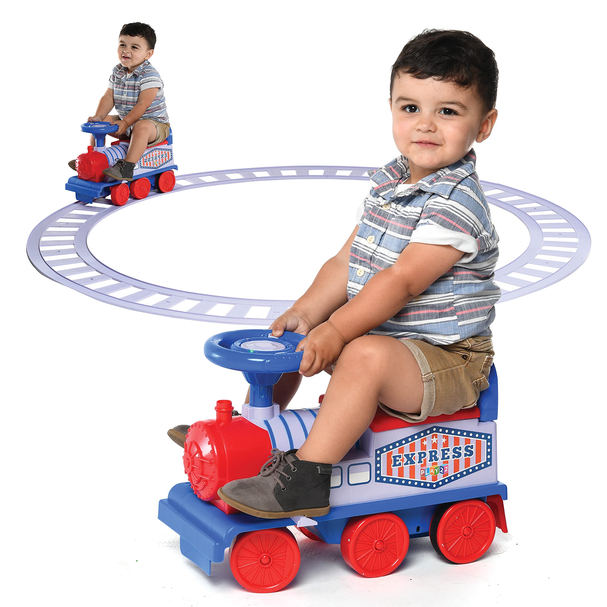 Play22 Electric Ride On Toy Train with Tracks - Ride On Train for Toddlers 1-3 Features Fun Flashing Lights and Music, Storage Seat, 16 Tracks - Playable Without Tracks - Riding Toys for Kids
