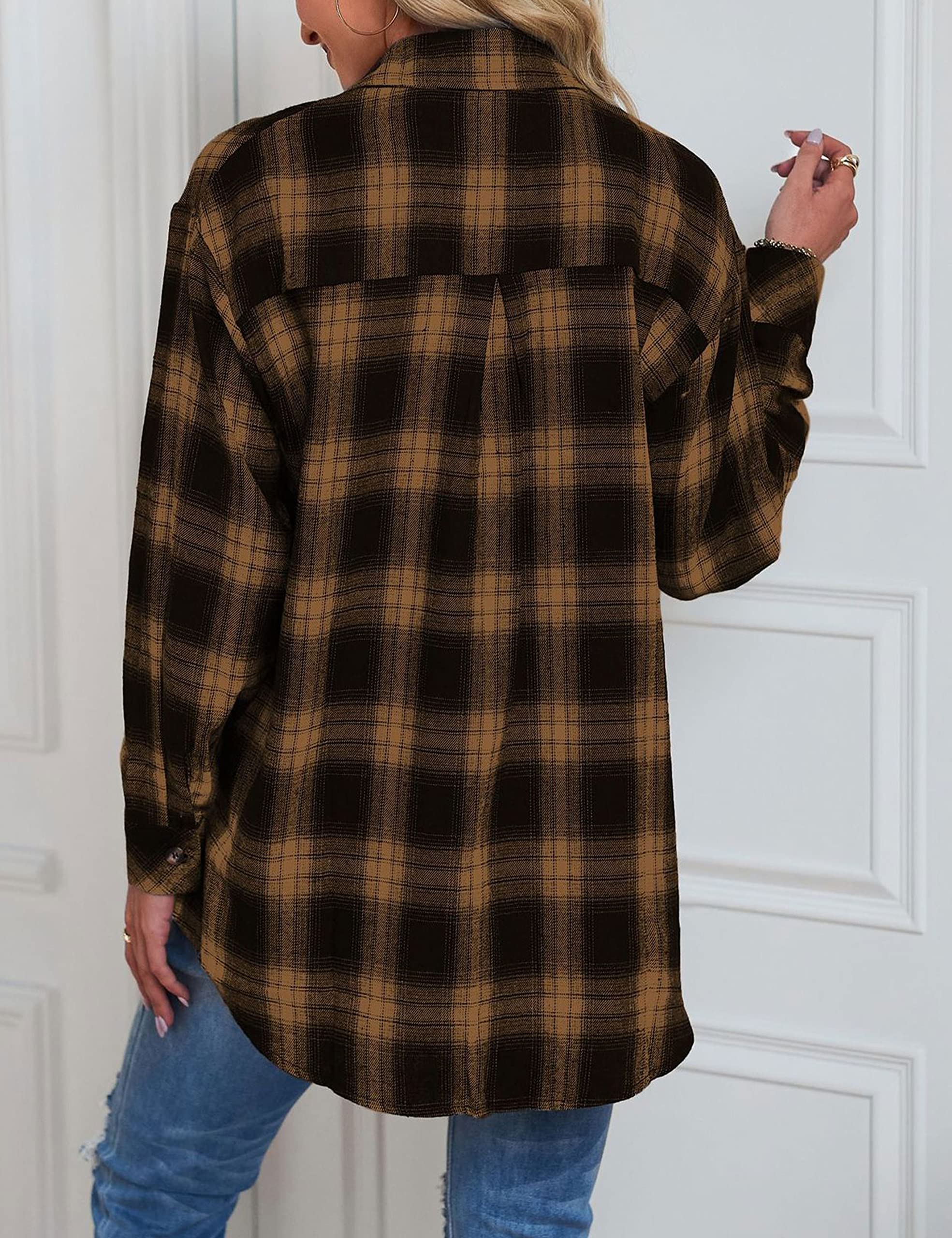 Bozanly Button Down Mid Long Plaid Flannel Shirts for Women Lapel Long Sleeve Loose Check Jacket Shacket(0635-Brown-M)