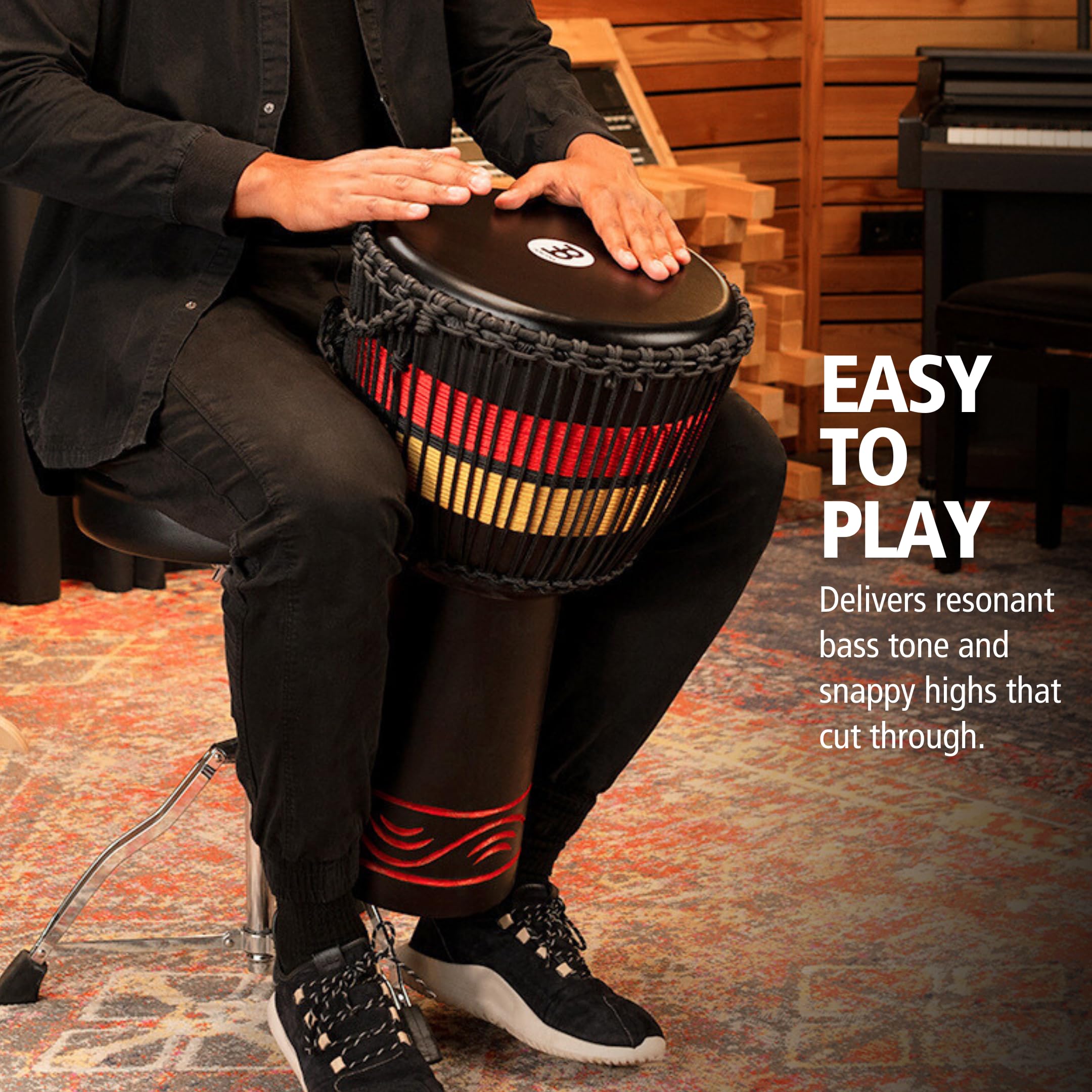 Meinl Percussion ADJ7-XL African Style Fire Rhythm Series Rope Tuned 13" Wood Djembe, Black