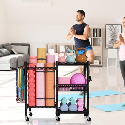 FUTASSI Home Gym Storage, Rolling Yoga Mat Storage and Organizer, Sports Equipment Storage Rack for Yoga Mats, Dumbbells, Kettlebells, Foam Rollers, Resistance Bands, 11.8"D x 36"W x 32.5"H, Black