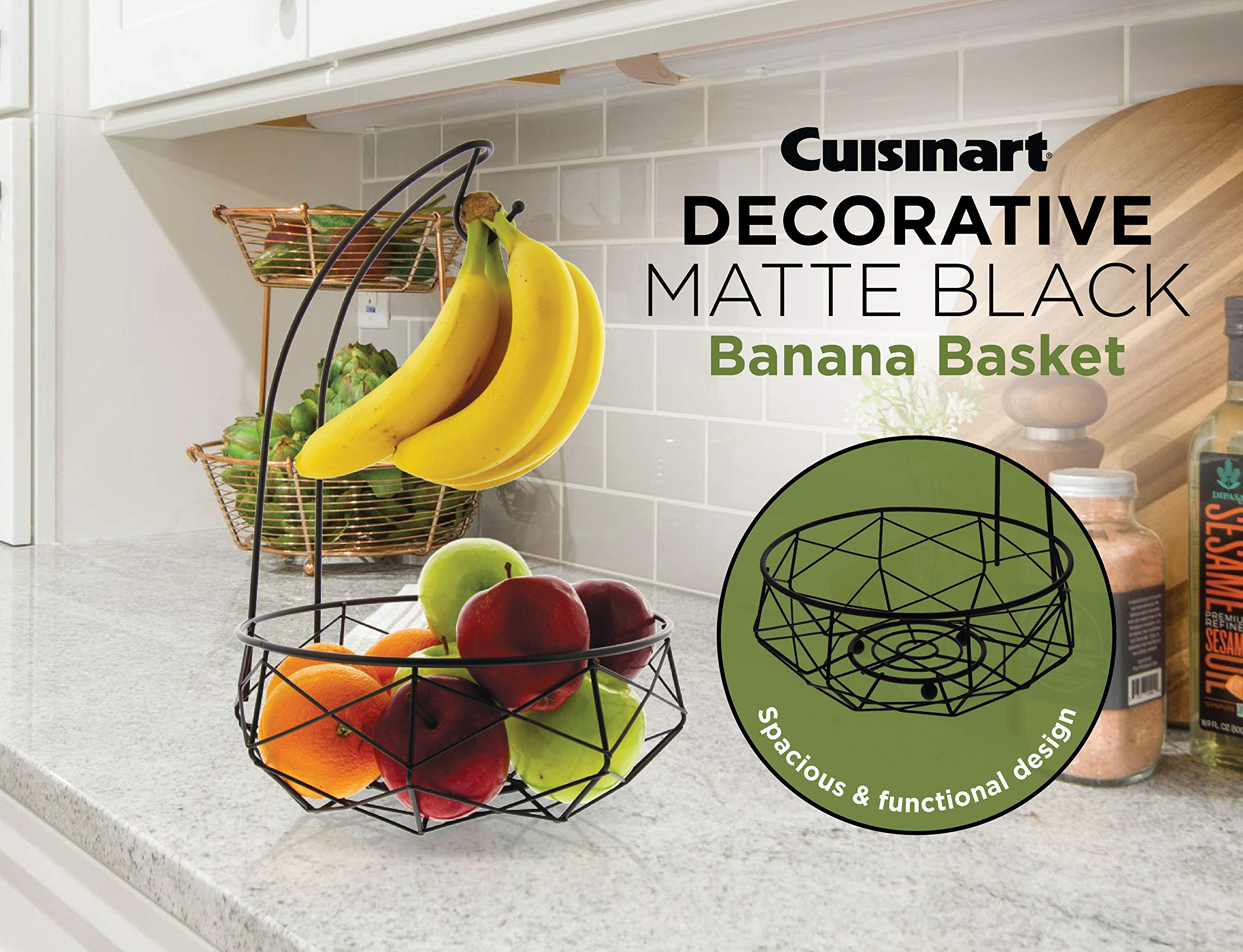Cuisinart Stainless Steel Fruit Basket with Banana Hanger, Matte Black - Perfect Fruit Basket for Kitchen & Dining Tables to Showcase & Organize Fresh Produce - Sturdy Banana Holder with Fruit Storage