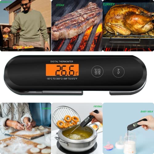 Digital Meat Thermometer for Cooking with Probe and Backlight,IP67 Waterproof CookingThermometer for Grilling BBQ, Kitchen Cooking,Candy,Oil and Roast Turkey ,Instant Read Thermometer Digital(Black)