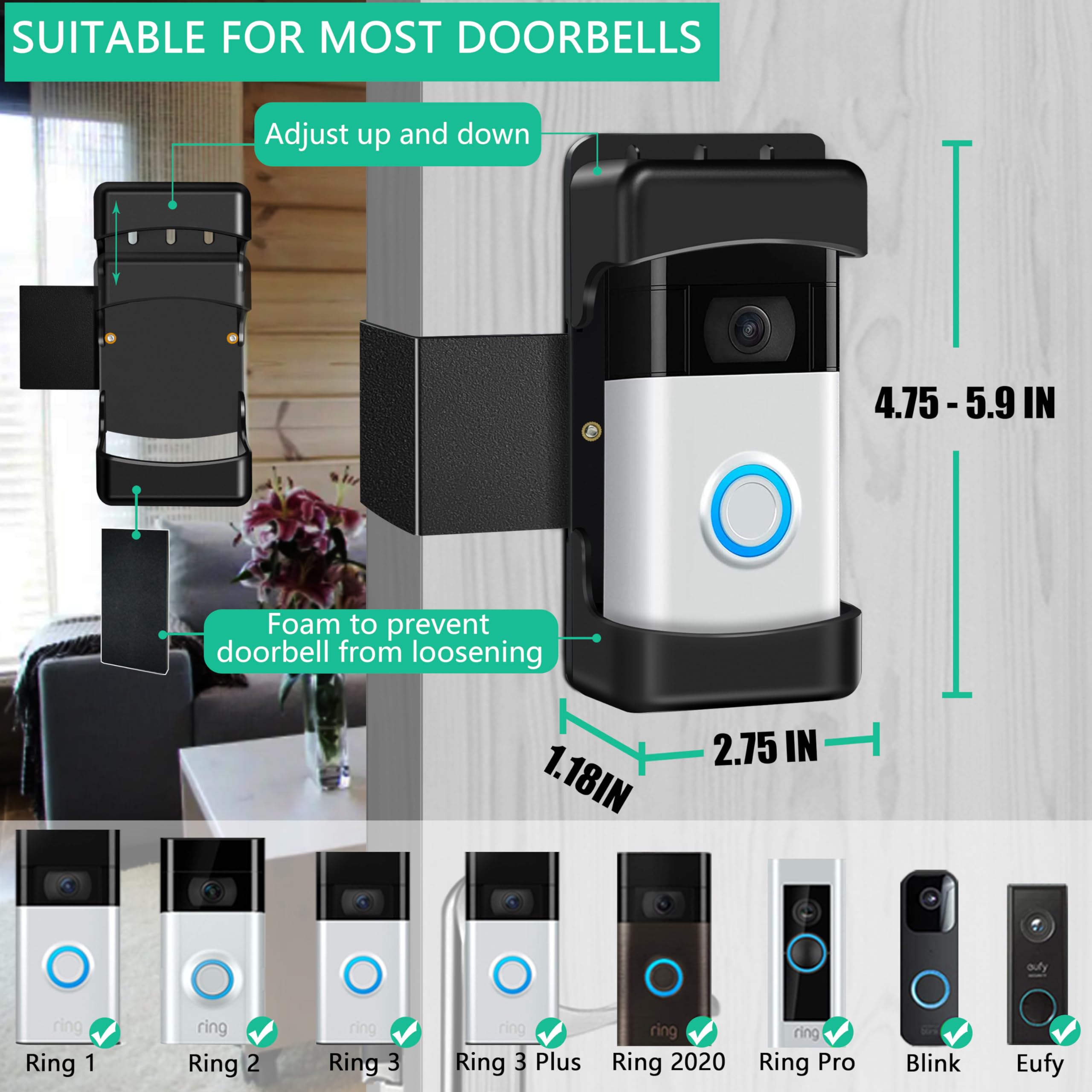 Video Doorbell Holder for Apartment Door, No-Drill, Anti-Theft, Camera Holder Mount for Home Rentals Office
