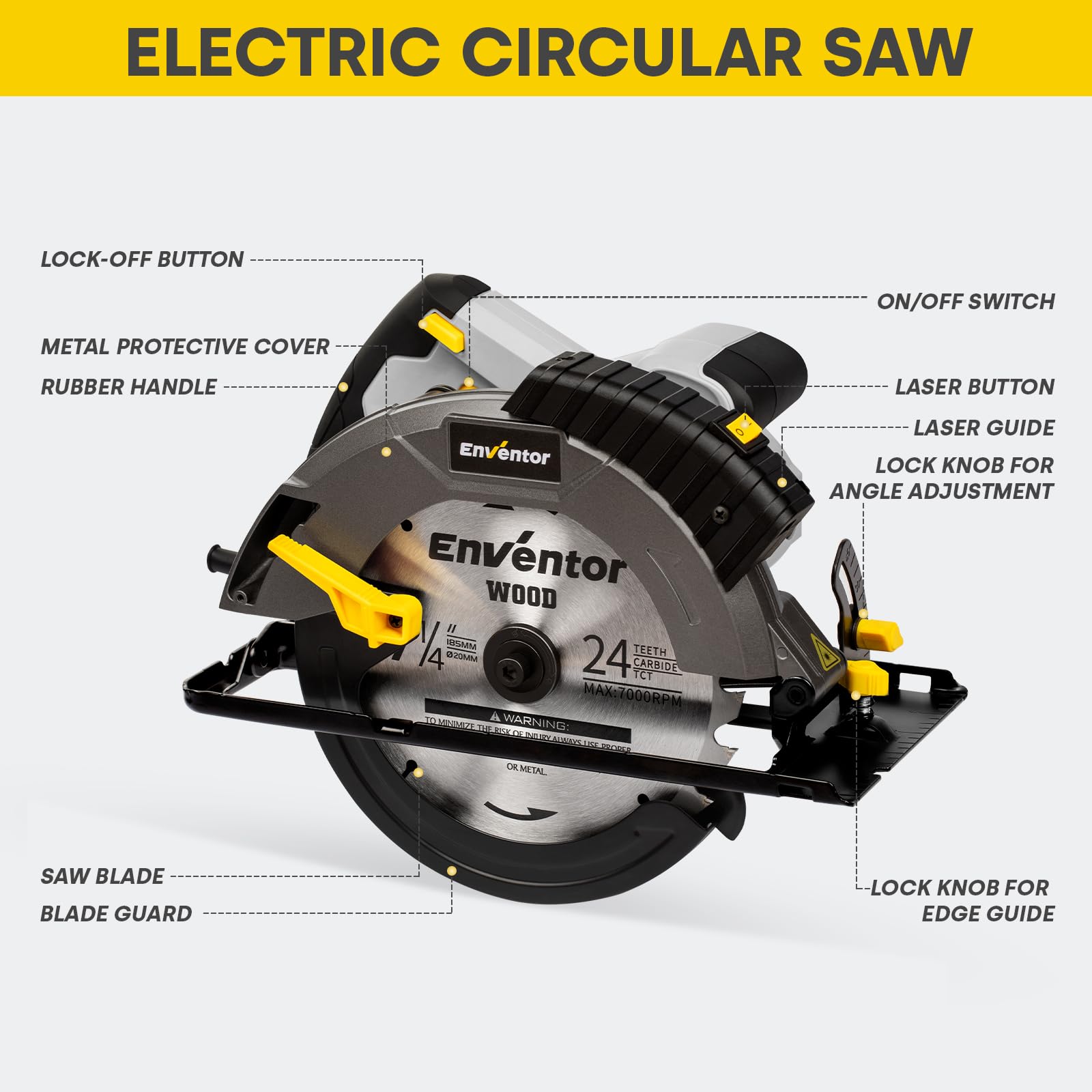 ENVENTOR Circular Saw Corded, 14A Electric Circular Saws 7-1/4-Inch with Laser Guide, 2 Blade Saws (40T/24T), Max Cutting Depth 2-7/16"(90°), 1-13/16"(0°-45°), Single Handed Bevel, 5500RPM