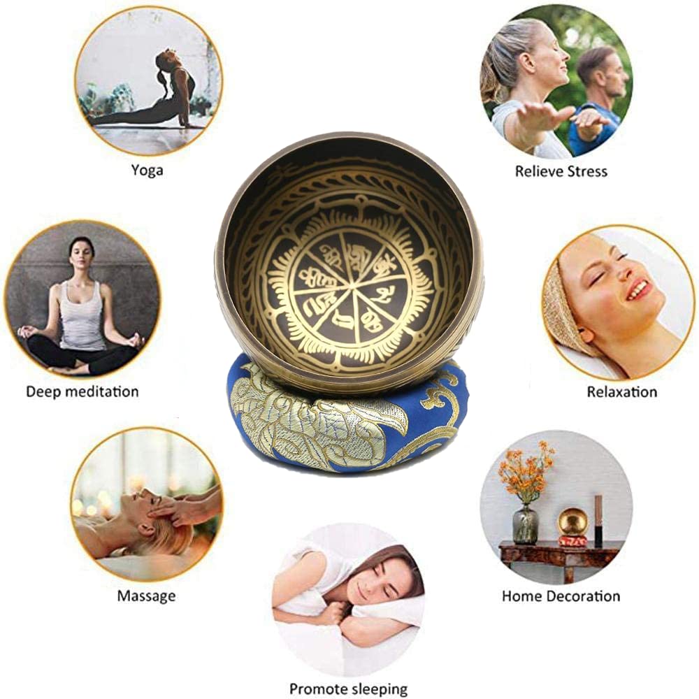 Tibetan Singing Bowl Set (3.74 inch) with Meditation Singing Bowl, Tingsha Cymbals for Healing, Yoga, Meditation, Mindfulness and Relaxation(Antique Light Brown 004)