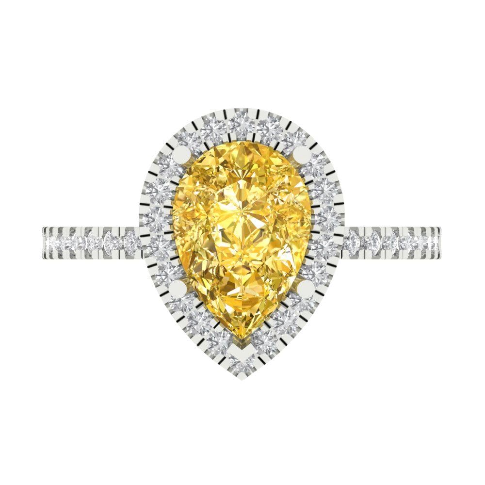 Clara Pucci 2.39ct Pear Cut Solitaire Halo Canary Yellow Simulated Diamond Designer Wedding Anniversary Bridal Ring 14k White Gold