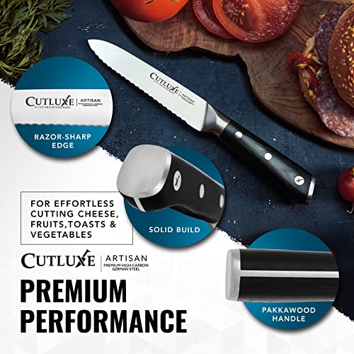 Cutluxe Serrated Kitchen Utility Knife, 5" Tomato Knife β Forged High Carbon German Steel β Full Tang & Razor Sharp β Ergonomic Handle Design β Artisan Series