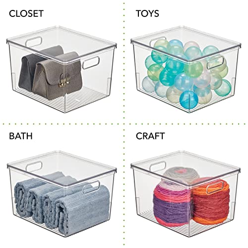mDesign Large Plastic Stackable Bathroom Cabinet Storage Bin Box with Handles/Lid, Drawer Stacking Organizer for Soap, Lotion, Towels, and Accessories, Ligne Collection, 2 Pack, Clear