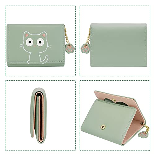 Sunwel Fashion Cute Little Cat Pattern Small Wallet Credit Card Holder Cash Pockets ID Window with Paw Pendant (GREEN, Tri-fold)