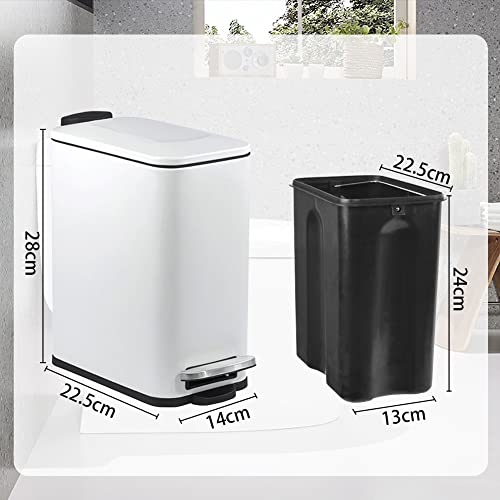 SIDIANBAN Bathroom Trash Can with Lid Soft-Close, Slim Wastebasket with Foot Pedal, 1.3 Gal Garbage Can with Inner Wastebasket for Bedroom, Office, Kitchen, Anti-Fingerprint Matte Finish (White)