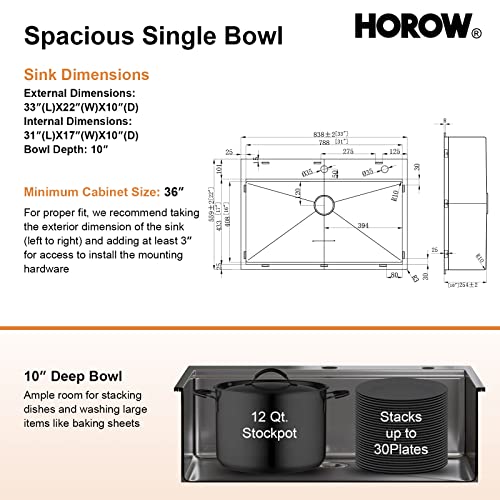 HOROW 33 inch Drop In Workstation Kitchen Sink, 18 Gauge Topmount Drop In Sink for Kitchen, sus 304 Stainless Steel Sink with 2 holes, Deep Single Bowl Kitchen Sink with Accessories, 33"x22"x10"