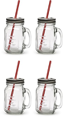 Circleware Country Glass Yorkshire Jar Drinking Handles, Metal Lids and Mason Mugs, 4 Count (Pack of 1), Hard Plastic Reusable Straws, Set of 4