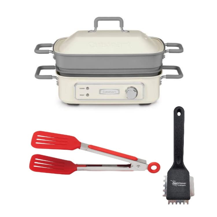 Cuisinart GR-M3 STACK5 Multi-Functional Grill with Heavy Duty Small Grill Brush and 8-Inch Nylon Flipper Tongs Bundle (3 Items)
