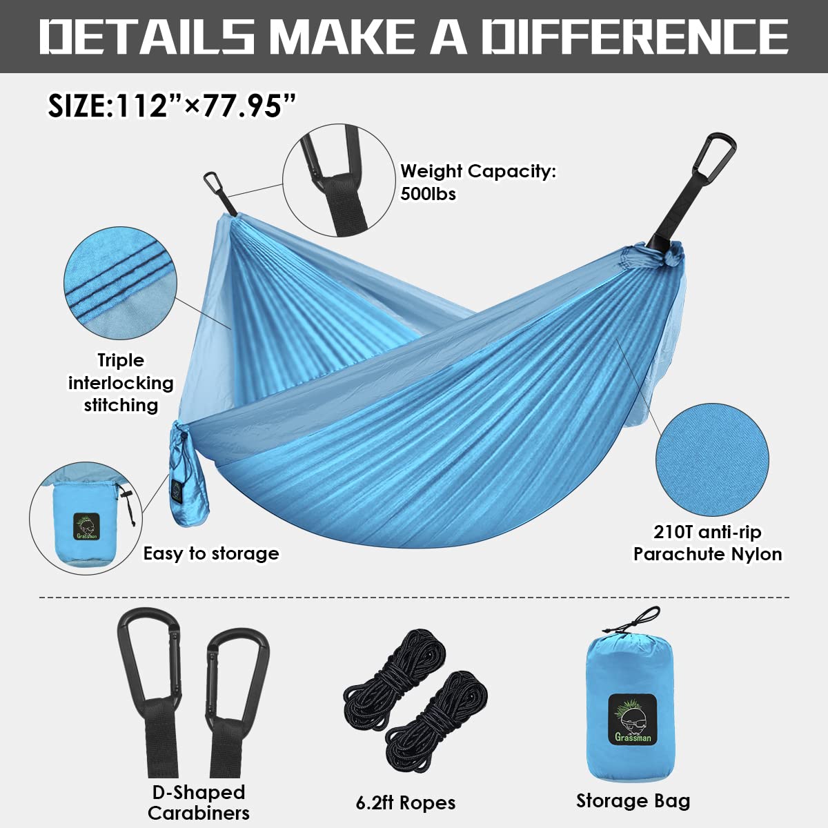 Camping Hammock Double Portable Hammock with Tree Ropes, Lightweight Nylon Parachute Hammocks Camping Accessories Gear for Indoor Outdoor Backpacking, Travel,Hiking, Beach