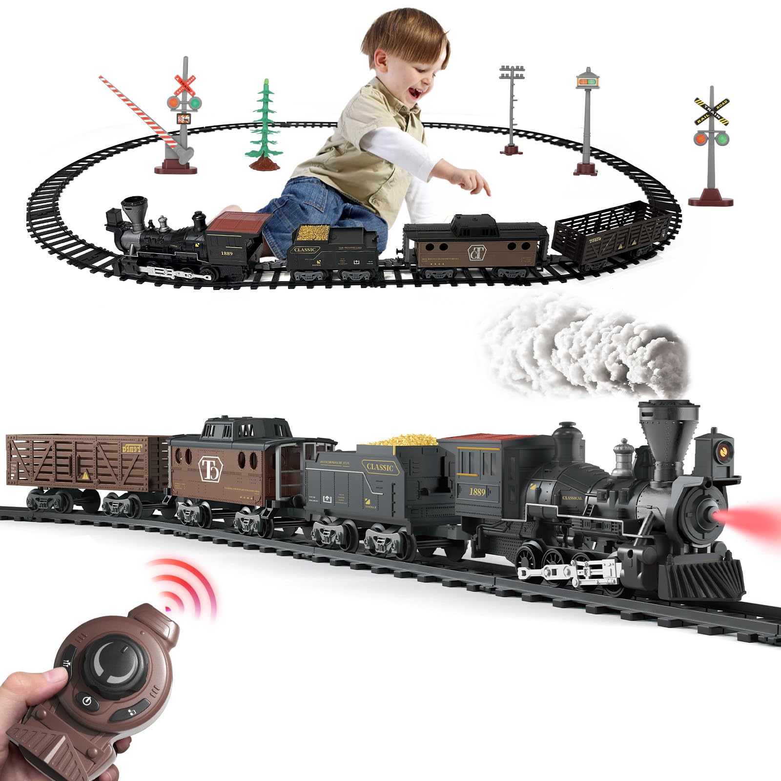 Steam Train Set Toys -Electric Train Set Toys Retro Train Track with Locomotive with Smokes,Light & Sounds, for Toys for 3 4 5 6 7+ Years Old Kids