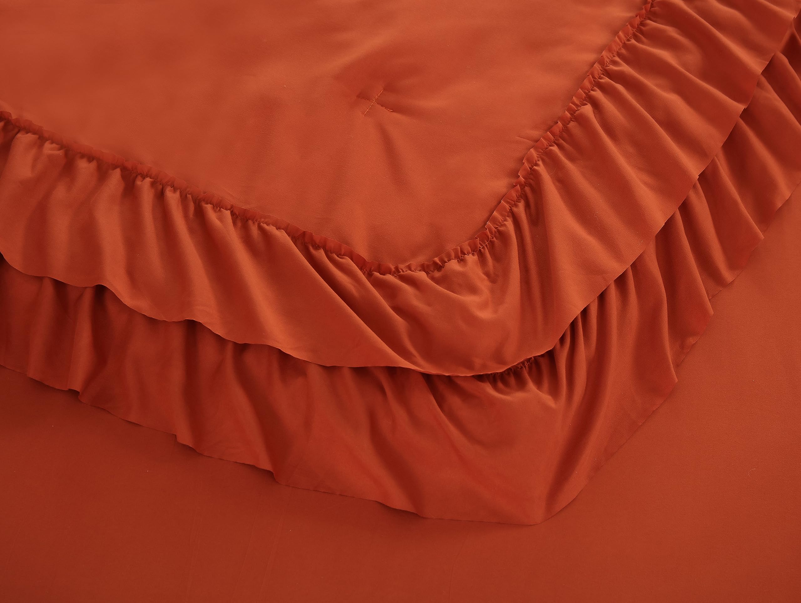 Btargot Terracotta Waterfall Double Layers Ruffle Comforter Set, 3 Piece Shabby Chic Bedding Set Queen Size for Girls WomenTeens