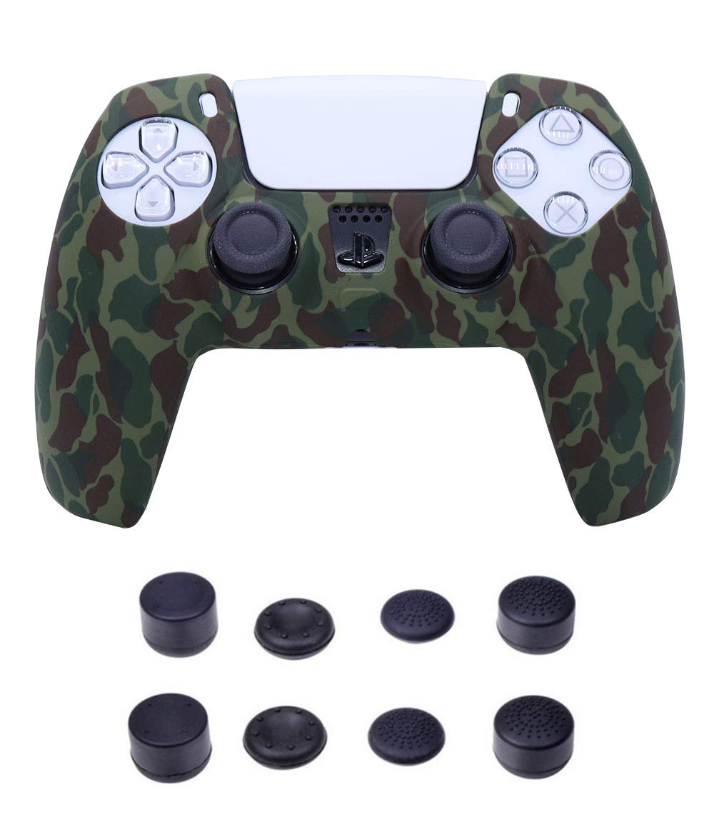 Silicone Cover Skin Case Accessories for Sony PS5 Controller with Pro Thumb Grips Caps Set Camo Green
