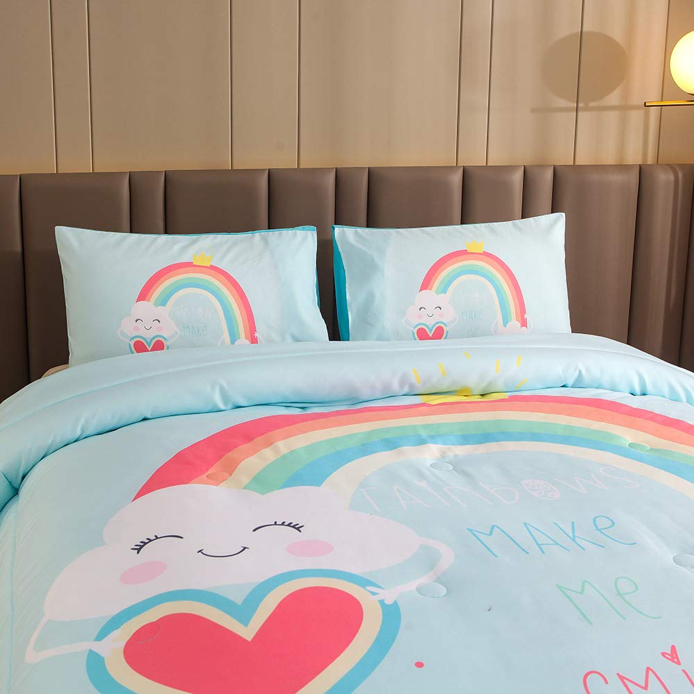 Btargot Ultra Soft Chirstmas Kid's Comforter Set Cartoon White Colorful Rainbow Pattern Bedding Sets Twin Size