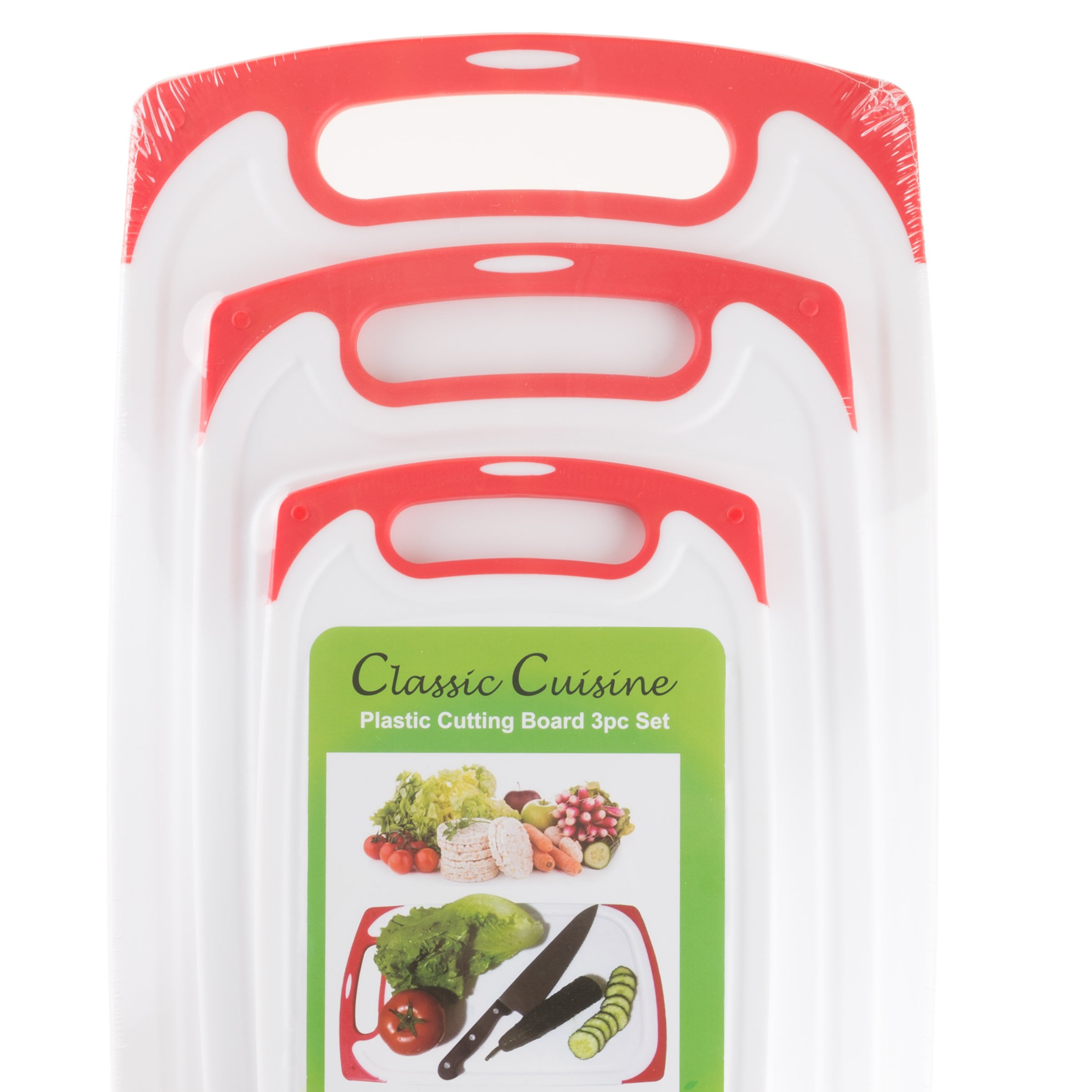 Cutting Board Set- 3 Piece Plastic Kitchen Chopping Boards for Cooking Food Prep with Juice Groove by Classic Cuisine (Red)