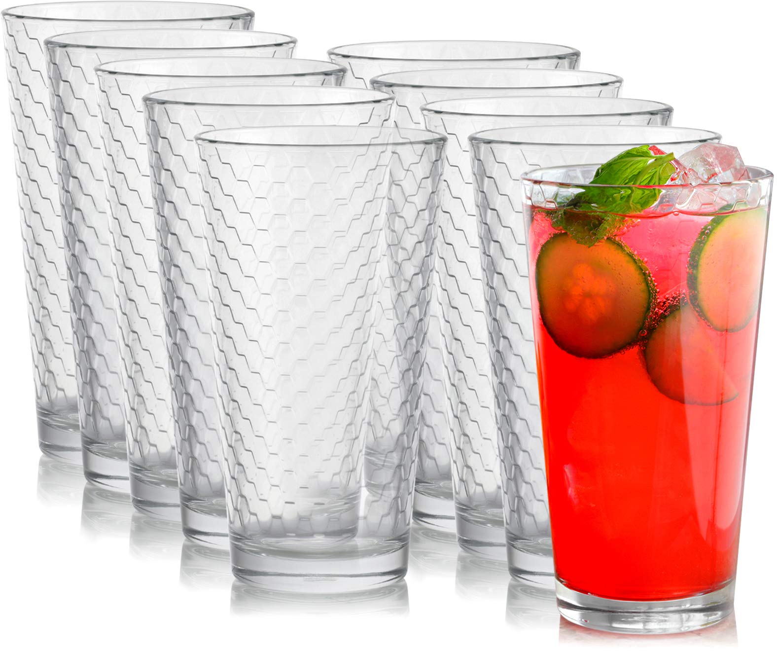 Circleware Paragon Heavy Base Highball Drinking Glasses Tumblers, Huge Set of 8 Kitchen Entertainment Ice Tea Beverage Cups Glassware for Water, Juice, Beer and Bar Decor Gift, 15.7 oz, 15.7 oz, Clear