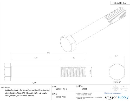 Steel Hex Bolt, Grade 8, Zinc Yellow-Chromate Plated Finish, Hex Head, External Hex Drive, Meets ASME B18.2.1/SAE J429, 4-1/2" Length, Partially Threaded, 5/8"-11 Threads (Pack of 5)