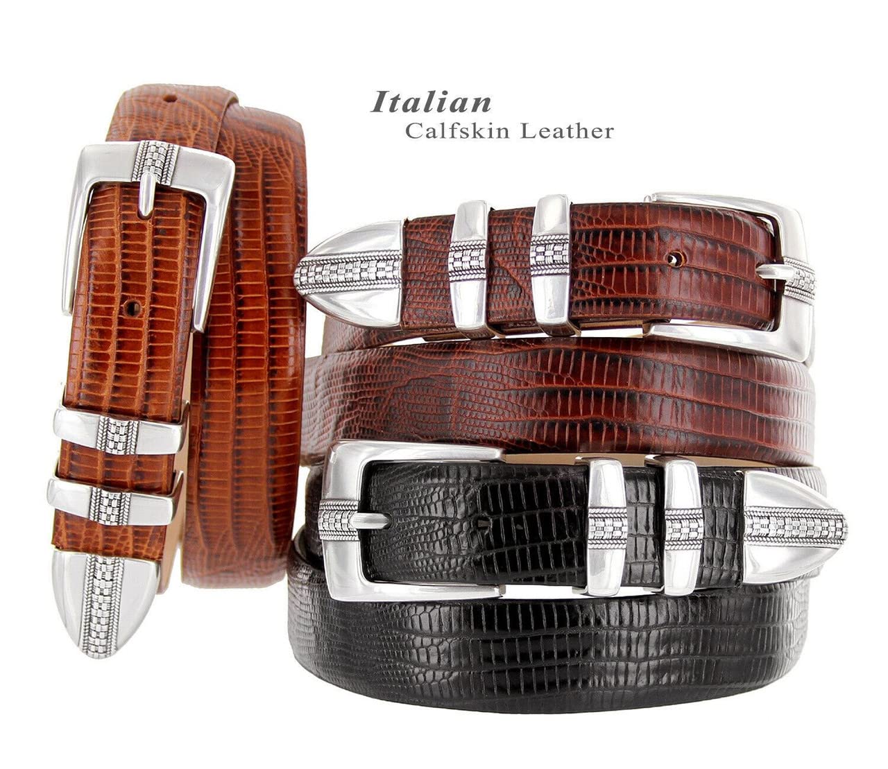 Brandon Italian Calfskin Genuine Leather Designer Golf Dress Belt 1-1/8"(30mm) Wide (Alligator Black, 40)