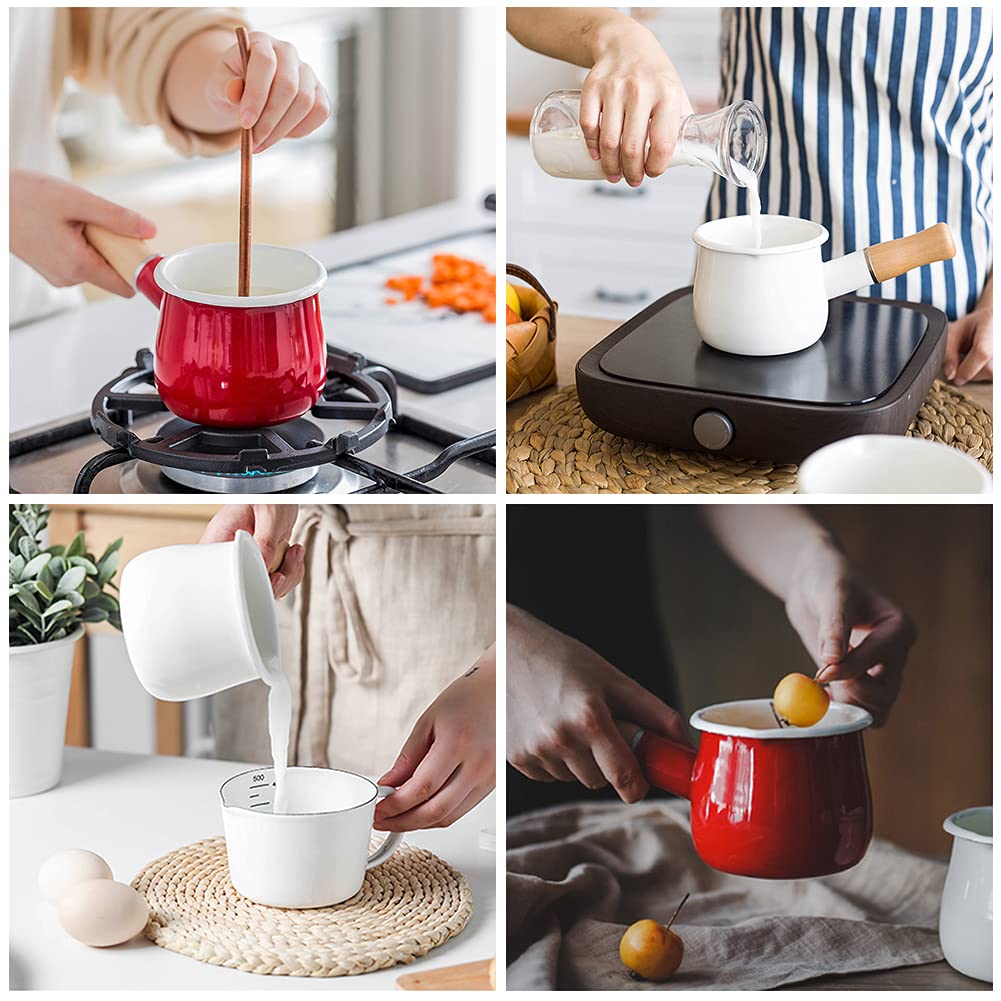 Enamel Milk Pan, Mini Butter Warmer with Pour Spout, 550ml Enamelware Saucepan Milk Warmer with Wooden Handle Small Cookware for Heating Milk, Melting Butter, Boiling Water(White)