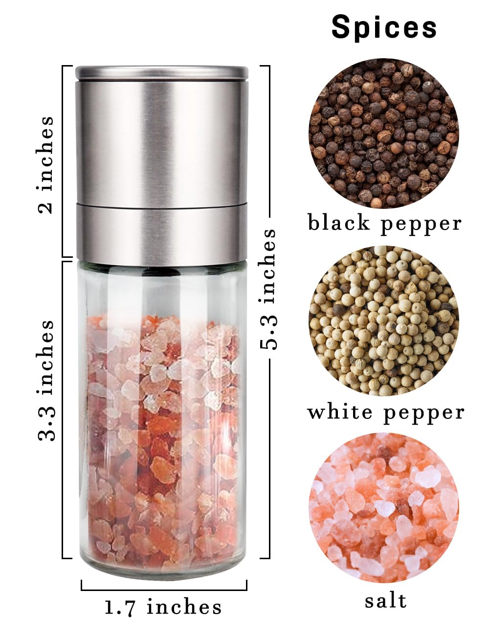 Gulex® Salt Grinder Pepper Mill, Salt Grinder Refillable, Adjustable Coarseness Black Pepper Grinder, Stainless Steel Sea Salt Shaker with Ceramic Rotor(salt and pepper not included)