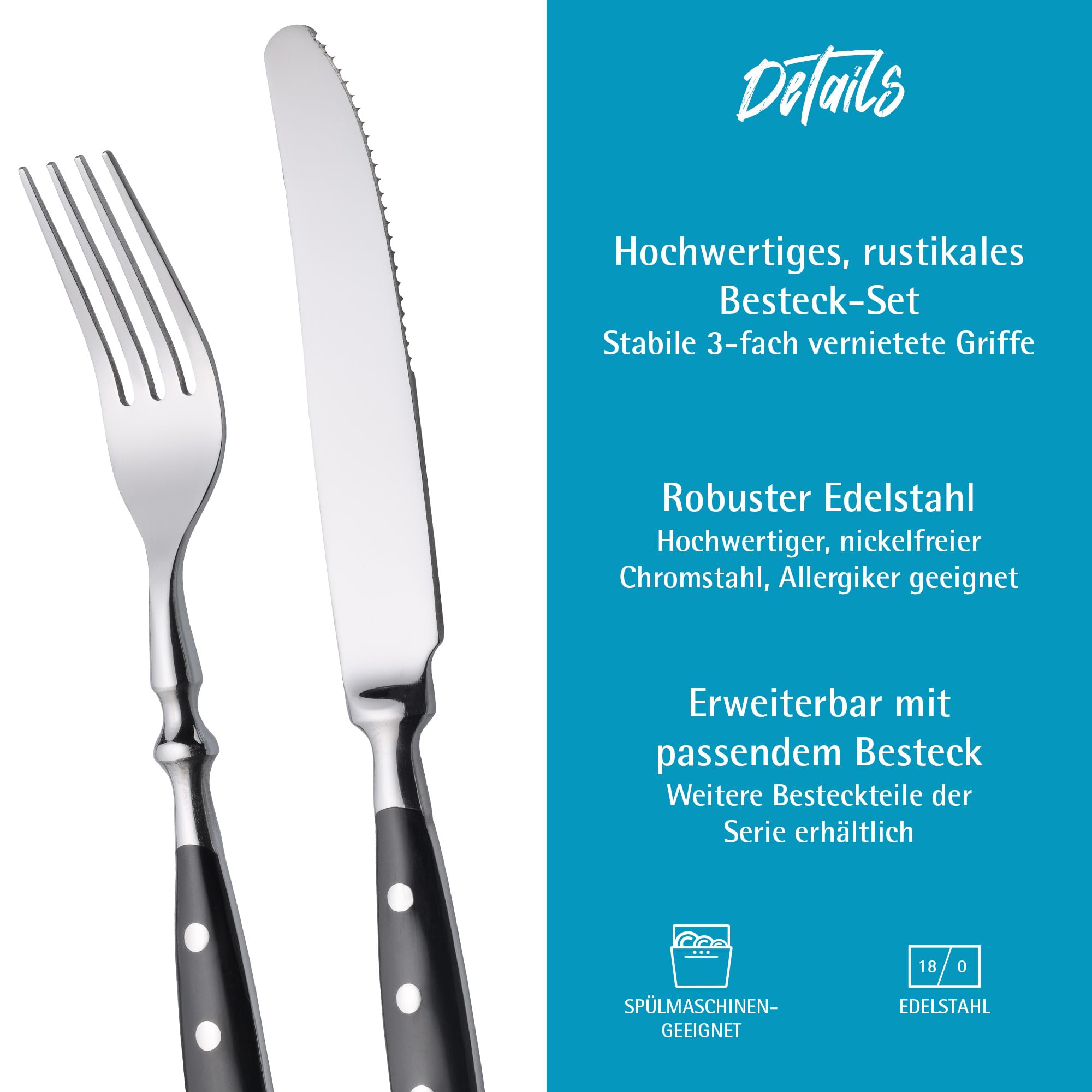 GRÄWE cutlery set for 6 persons made of stainless steel, Heavy, Rustic, Table cutlery set 24 pieces, Forged cutlery with black handles - Nuremberg Series