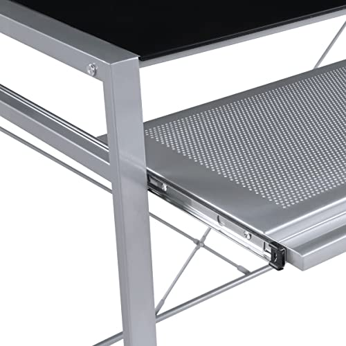 OSP Home Furnishings Zephyr Computer Desk with Keyboard Shelf and Tempered Glass Top, Black Glass and Silver Frame