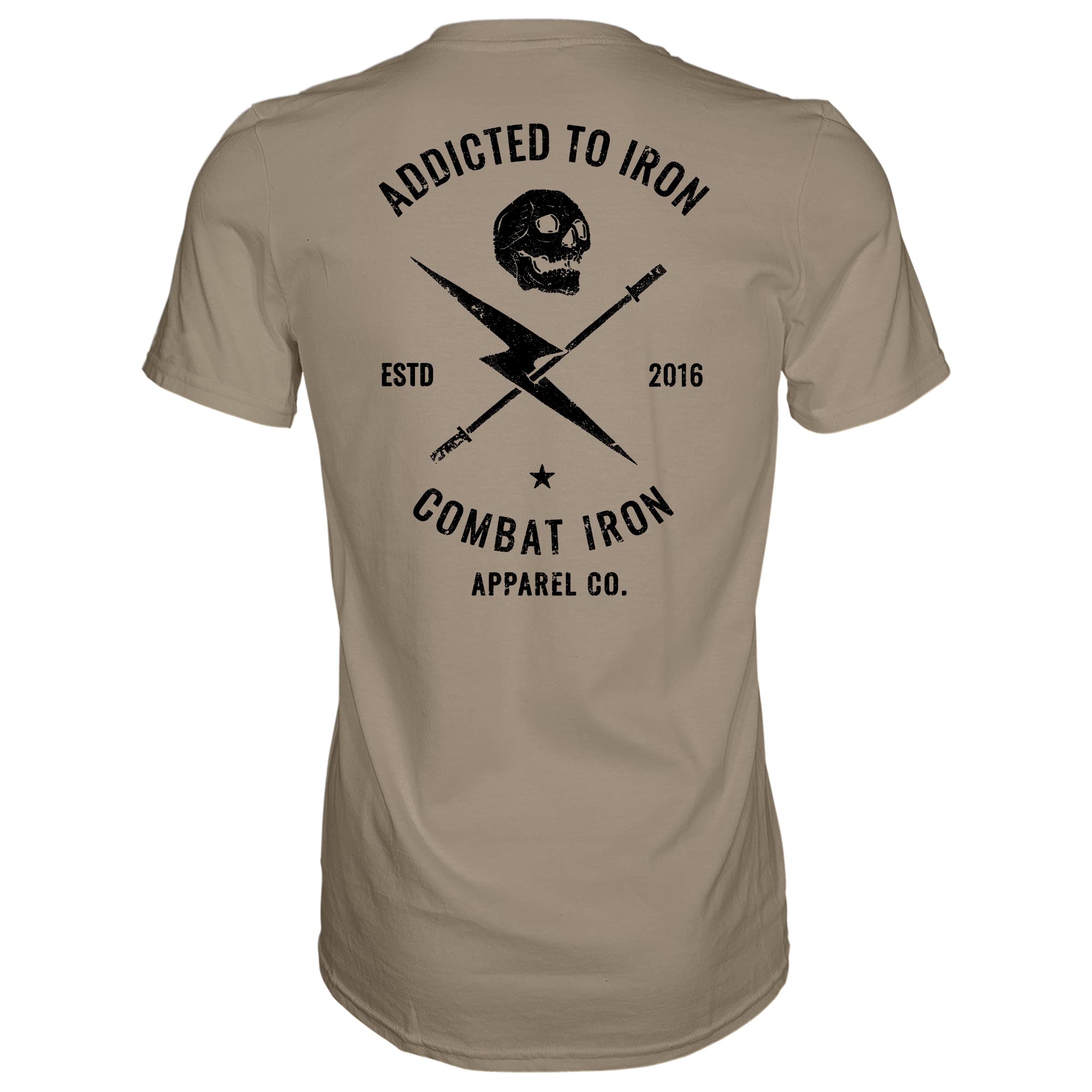 Combat Iron Addicted to Iron Men's Graphic Short Sleeve T-Shirt (Tan, Large)