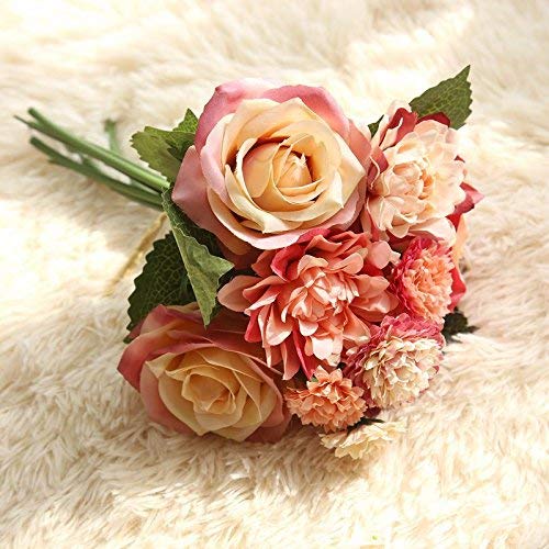 SUPICKET 1 Bunch 8 Pcs Artificial Rose Dahlia Daisy Flower Bouquet Bride Bridesmaid Holding Flowers for Home Hotel Office Wedding Party Garden Craft Art Decor, Red&Orange