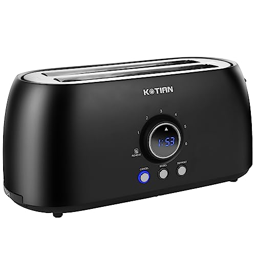 Toaster 4 Slice,KOTIAN Retro Long Slot Toasters with Countdown Timer,Stainless Steel Toaster,Bagel,Defrost,Reheat,Cancel Functions,Extra Wide Slots,6 Toast Settings,Removable Crumbs Tray,Matte black