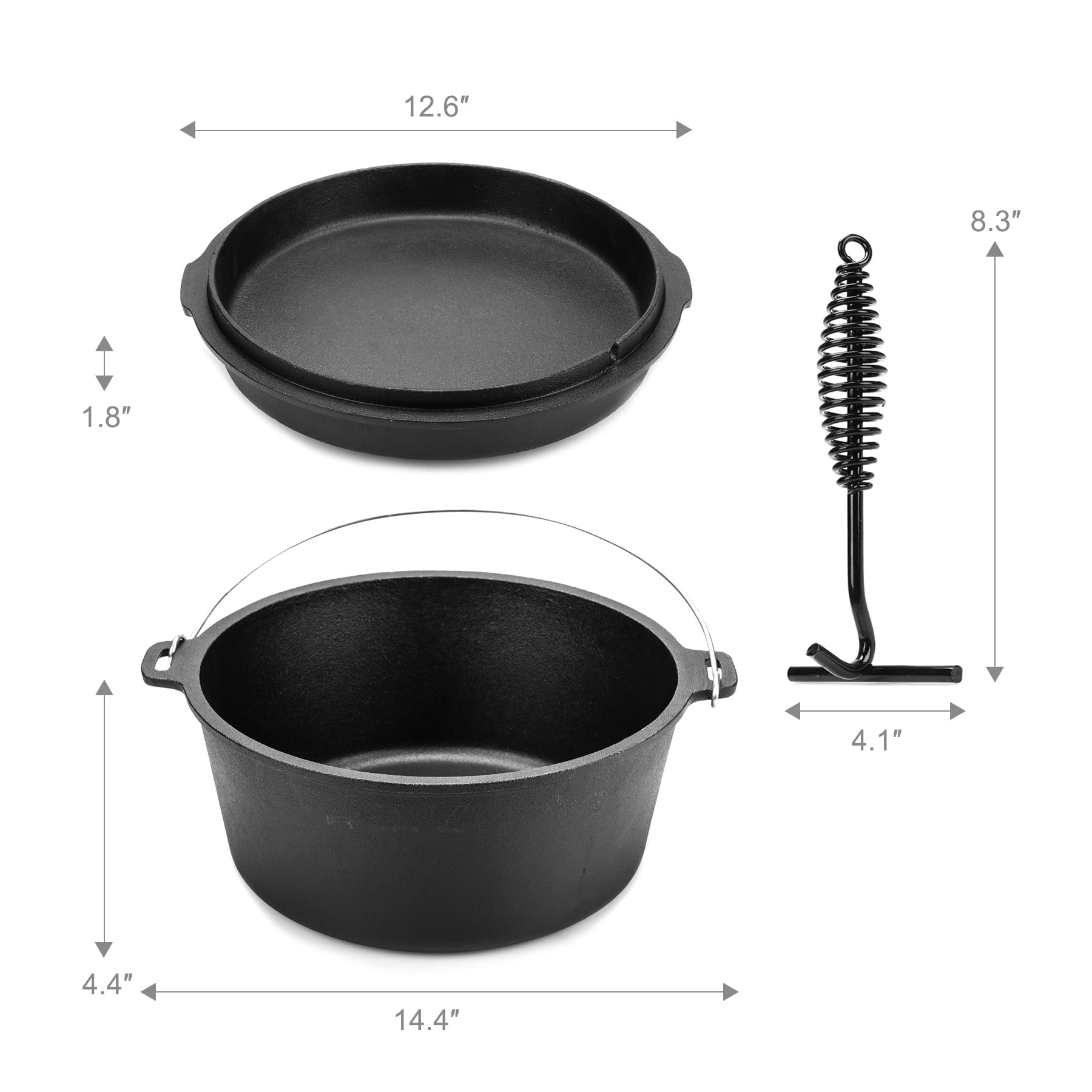 DARTMOOR 9 Quart Pre-Seasoned Cast Iron Dutch Oven with Lid and Lid Lifter Tool Outdoor Deep Camp Pot for Camping Fireplace Cooking BBQ Baking Campfire 9 QT