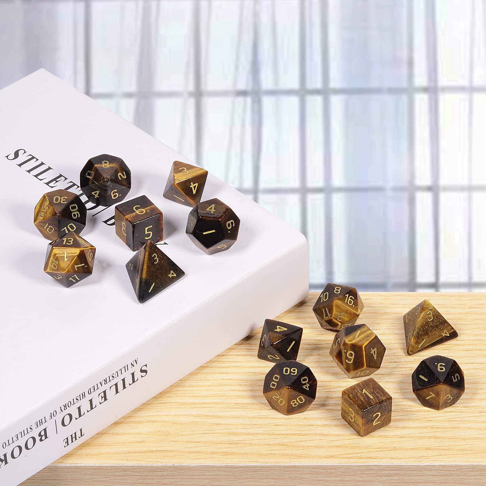 rockcloud Tiger's Eye DND Polyhedral Dice Set of 7, Healing Crystal Stone Hand-Made Dices with Dice Box for RPG MTG Table Games Home Office Decor