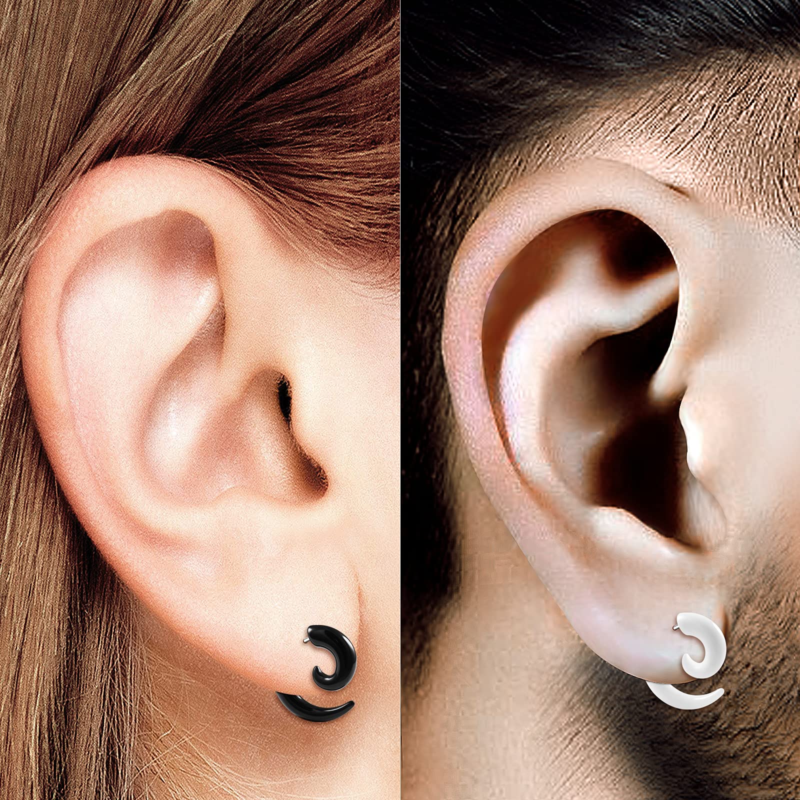 BIG GAUGES 2 Pairs Acrylic 16g Gauge 1.2mm 1/4 (6mm) Black White Taper Sprial Shaped Piercing Fake Ear Plug Cheater Earring Lobe BG2921