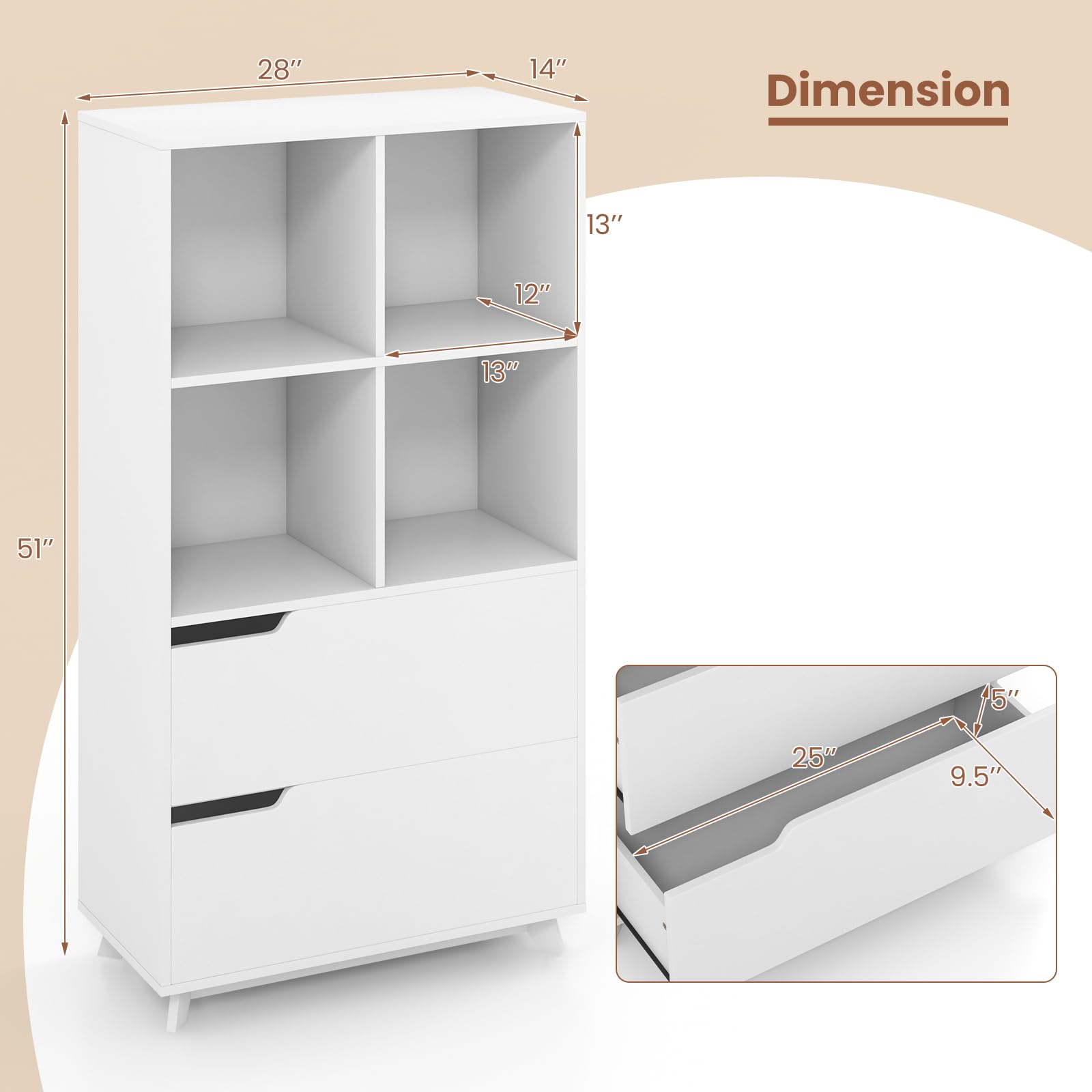 Giantex 51" Tall Bookcase with 2 Drawers, 4-Tier Open Bookshelf with 4 Storage Cubes, Modern Display Shelf with Anti-Toppling Devices, Freestanding Wooden Storage Shelf for Home Office, White