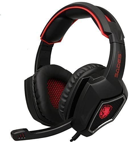 SADES 3.5mm Stereo Surround Sound Gaming Headset with Mic, Noise Cancelling & Led Light & Volume Control Over Ear Gamer Headphones, Red Headset for PC MAC Laptop Computer Games