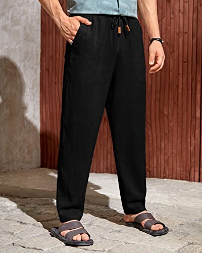 Mens Drawstring Linen Pants Relaxed Fit Elastic Waist Casual Pants Lightweight Yoga Beach Trousers Black