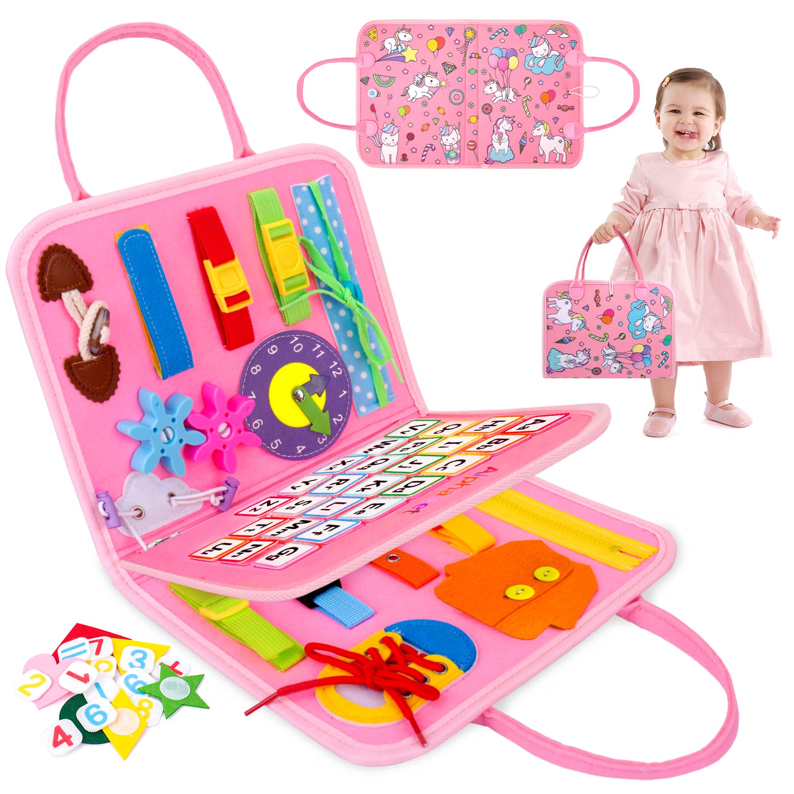 SPLAKS Toddler Busy Board with DIY Page, 20 in 1 Montessori Toys Sensory Activity Toys Preschool Educational Toys to Learn Basic Skills, for Airplane Car Travel (Pink)