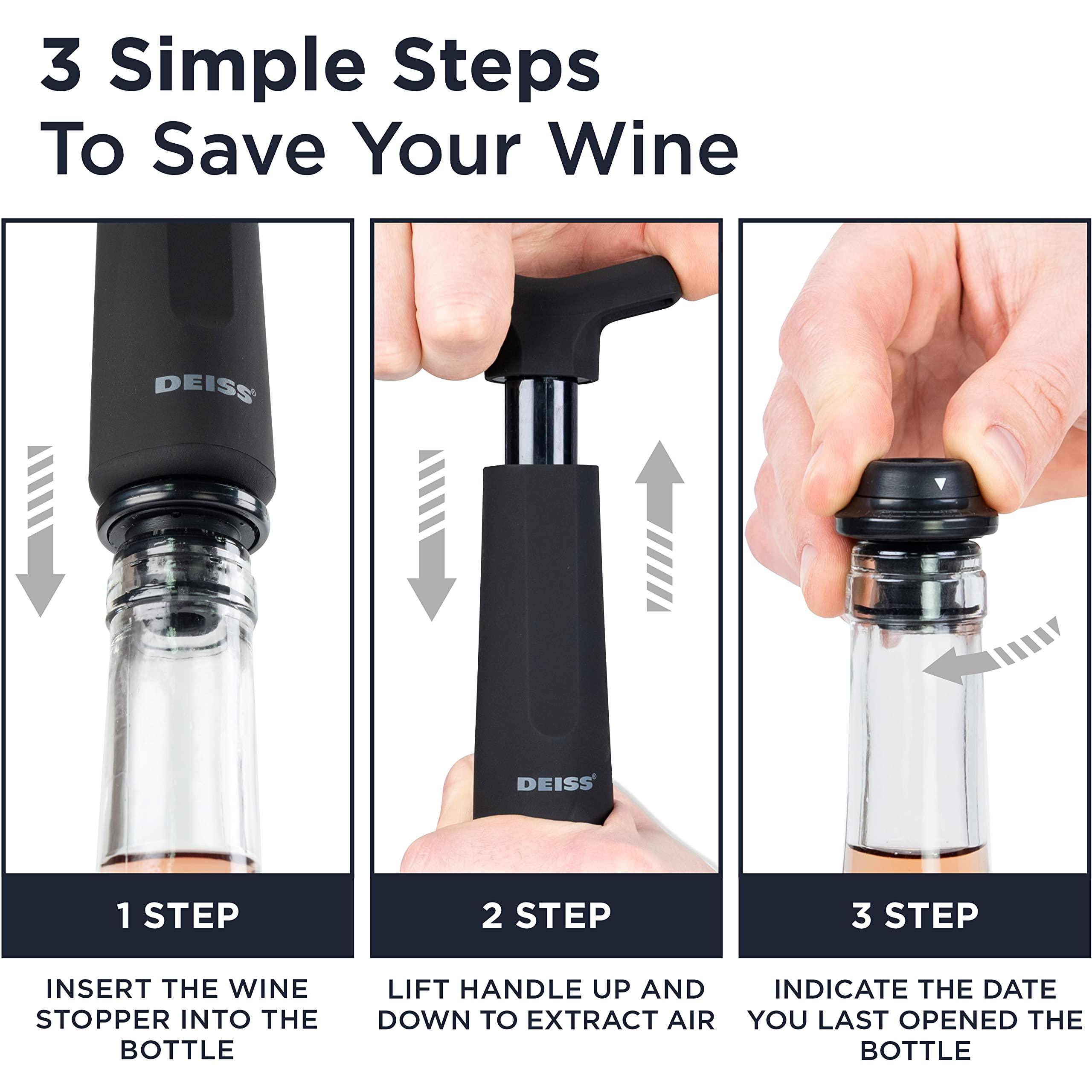 Deiss PRO Vacuum Pump Wine Saver with 3 x Wine Bottle Stopper β Silicone Wine Stoppers for Wine Bottles with Date Markers - Wine Stopper to Keep Your Wine Fresh β Stops Oxidation of Wine