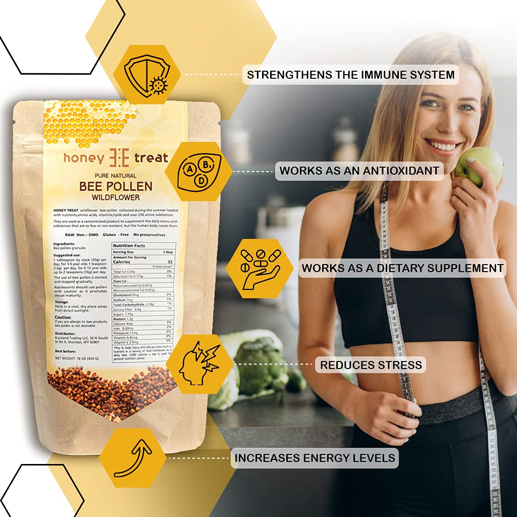 Bee Pollen Granules by Honey Treat- Raw, Pure, Natural, Fresh Wild Bee Pollen- Non GMO- No preservatives- 16 OZ (454g)
