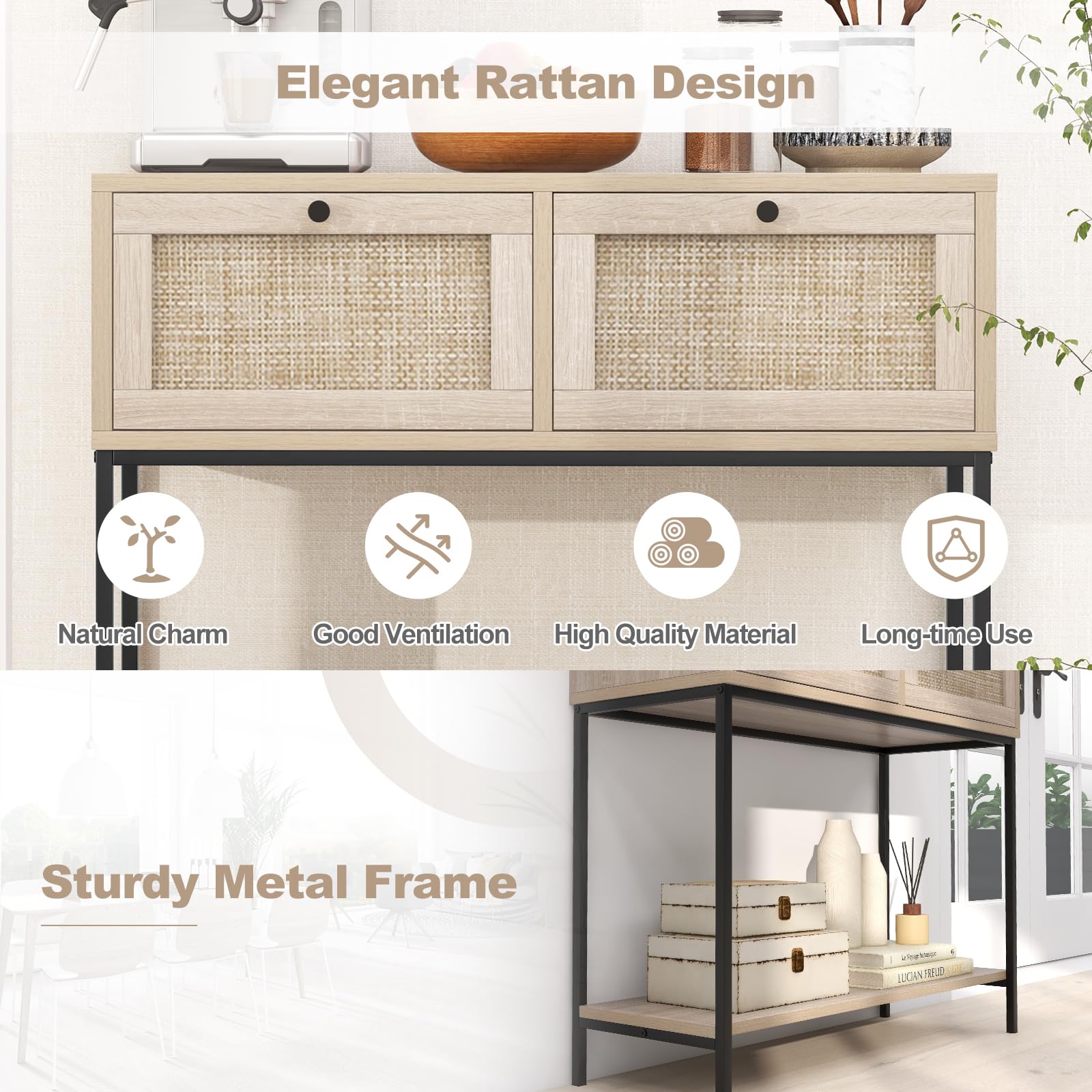 Giantex Console Table with Rattan Drawers - 31.5" Entryway Table w/ 2 Drawers & Open Storage Shelf, Metal Frame, Boho Style Long Sofa Side Table, Narrow Entry Table for Living Room Foyer Hallway