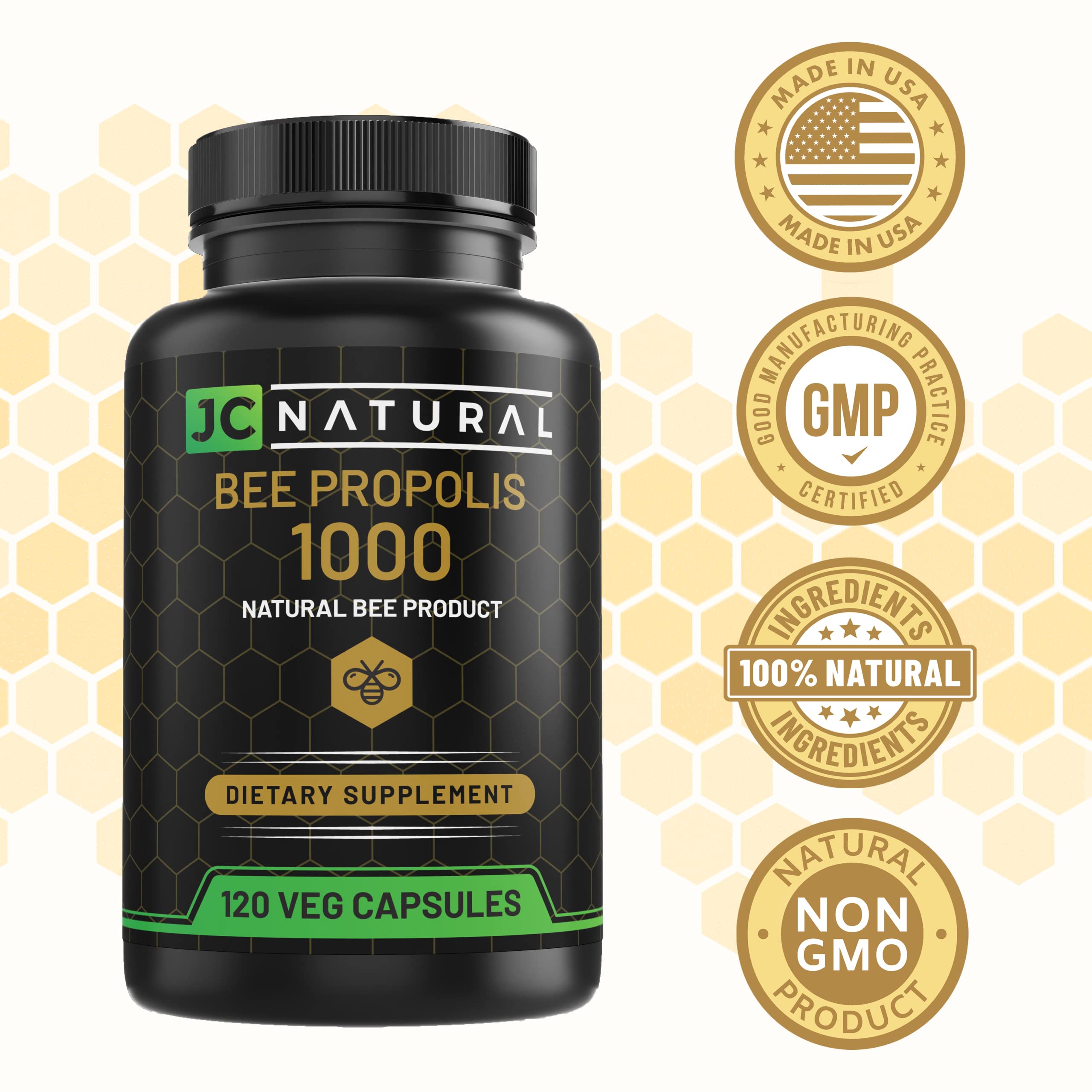 Bee Propolis Concentrate 1,000mg Dietary Supplement for Immune System, Straight from Nature, Non GMO- 120 Veg Capsules by JC Natural